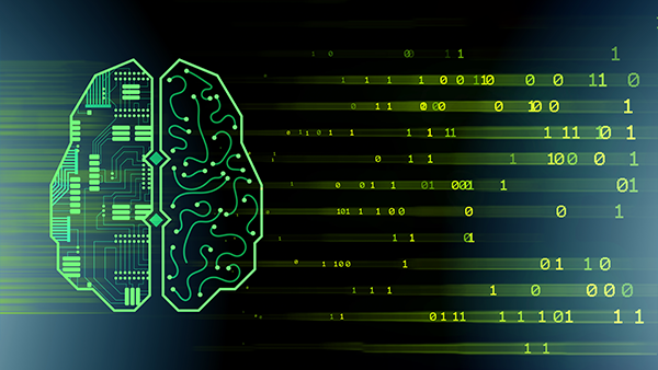 A stylized icon of a brain, split into two halves: one side representing electronic circuitry and the other neural patterns, with binary code streaming across the image. This visual symbolizes artificial intelligence and machine learning concepts.