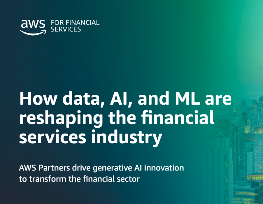 Cover image for an AWS eBook titled 'How data, AI, and ML are reshaping the financial services industry'. The cover features the AWS for Financial Services logo, bold white text on a green and blue gradient background, and a cityscape, with a subtitle: 'AWS Partners drive generative AI innovation to transform the financial sector.'